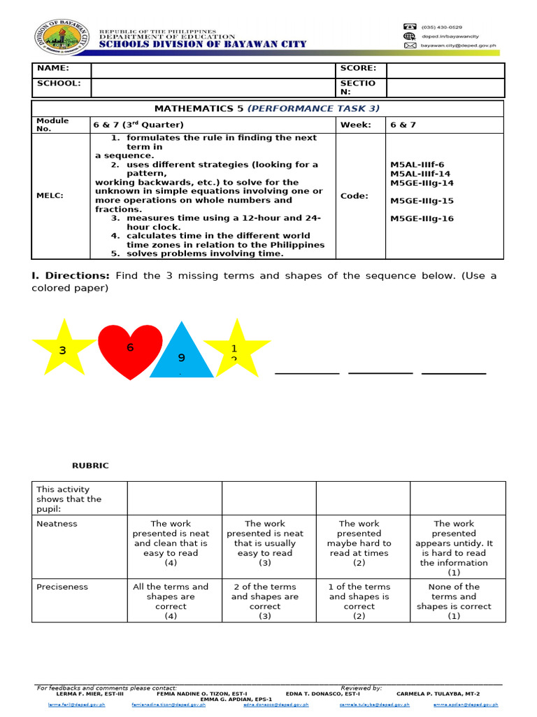 Performance Task Math5 Q3M6 7 | PDF | Applied Mathematics | Mathematics