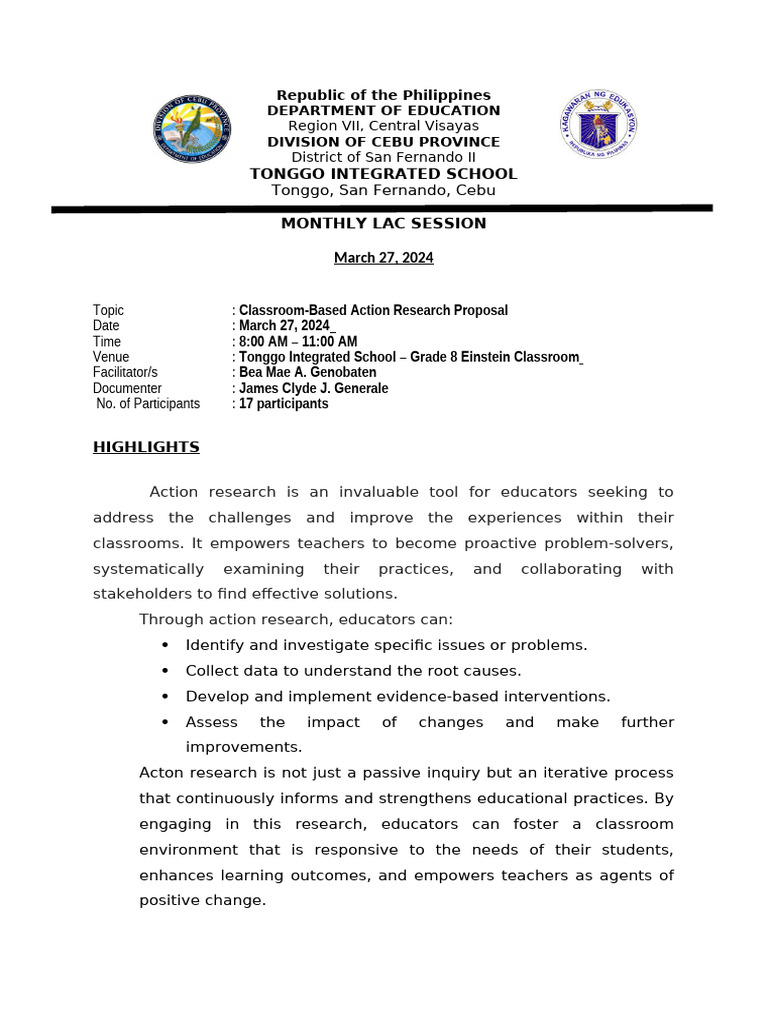 LAC Session - AR | PDF | Action Research | Behavior Modification