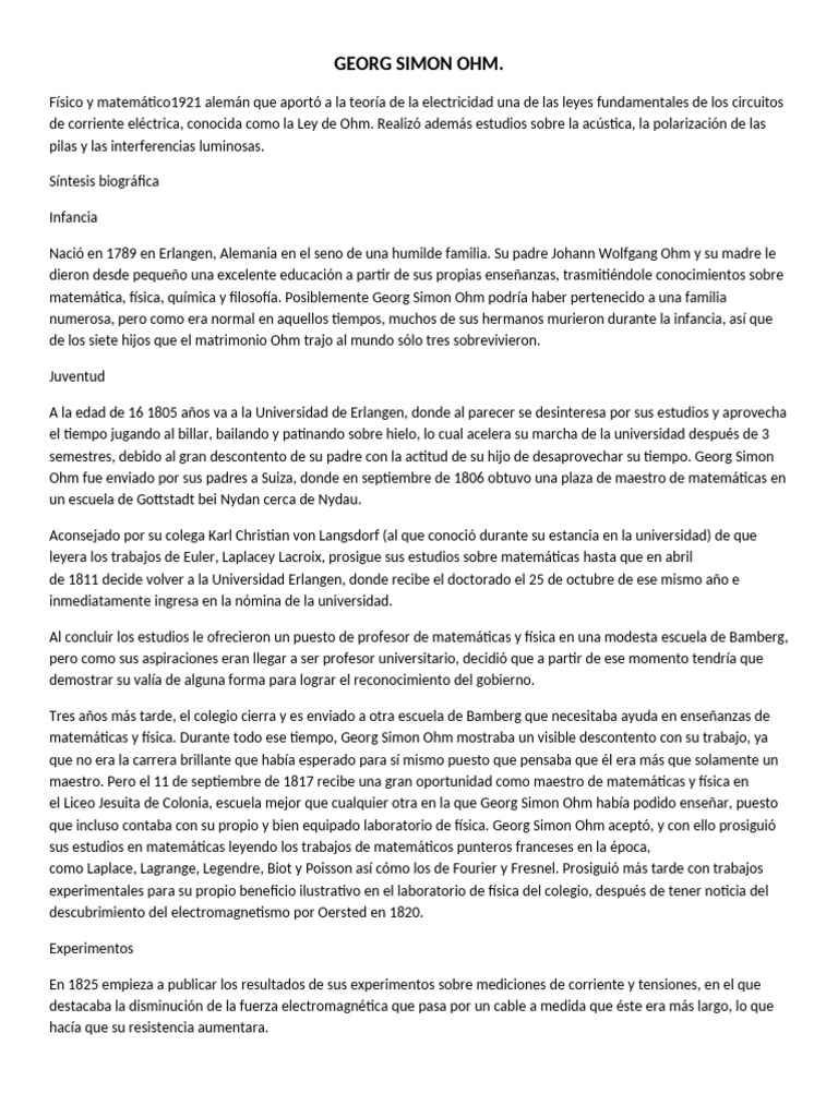 Vida y legado de Georg Simon Ohm | PDF | Resistencia Eléctrica y ...
