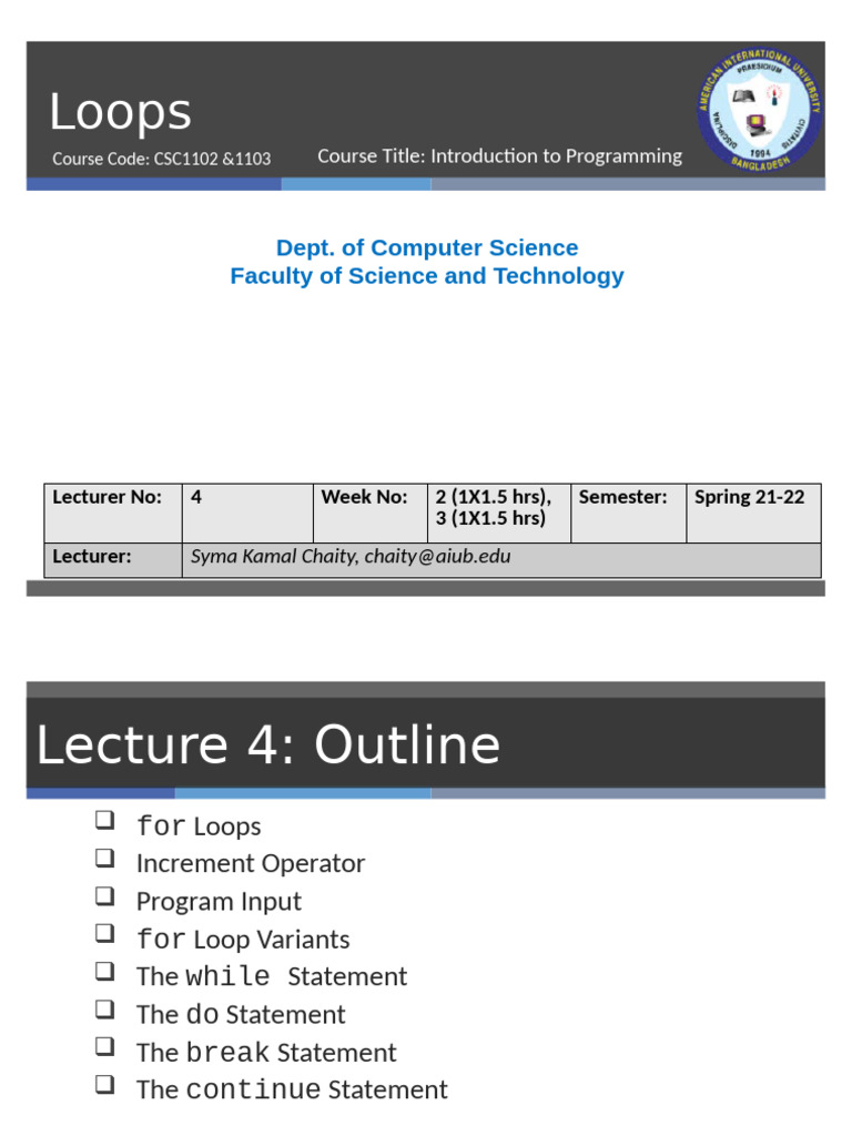 Fall 24-25 IP Lecture 4 Loops | PDF | Control Flow | Computer Science