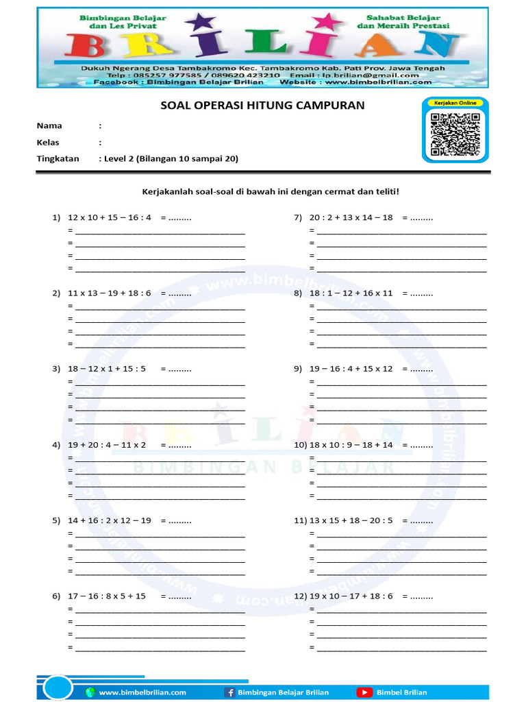 Soal Operasi Hitung Campuran Perkalian Pembagian Pengurangan Dan ...