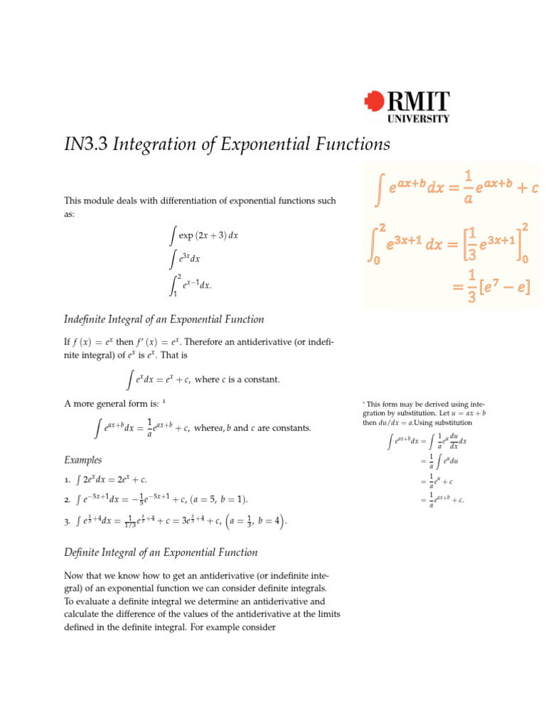 IN3 3 Integration of Exponential Functions | PDF | Integral | Functions And Mappings