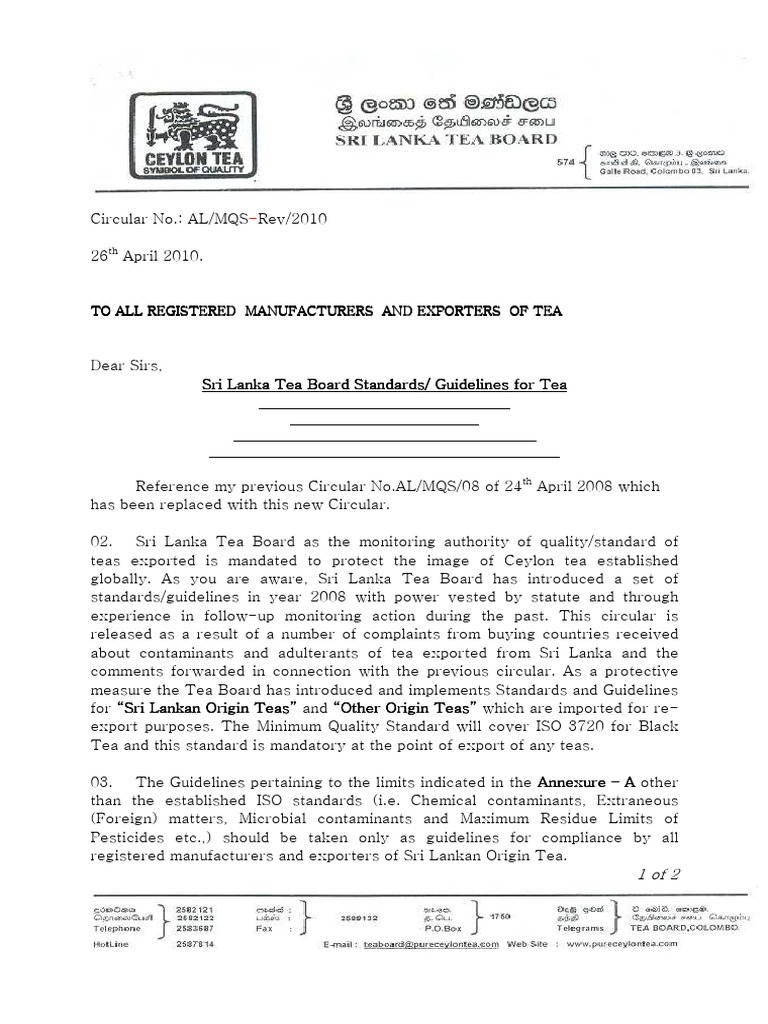 Sri Lanka Tea Board Standards Guidelines For Tea | PDF | Magnesium ...