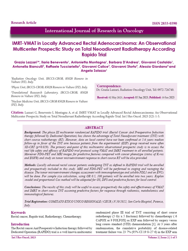 Imrtvmat in Locally Advanced Rectal Adenocarcinoma An Observational Multicenter Prospectic Study ...