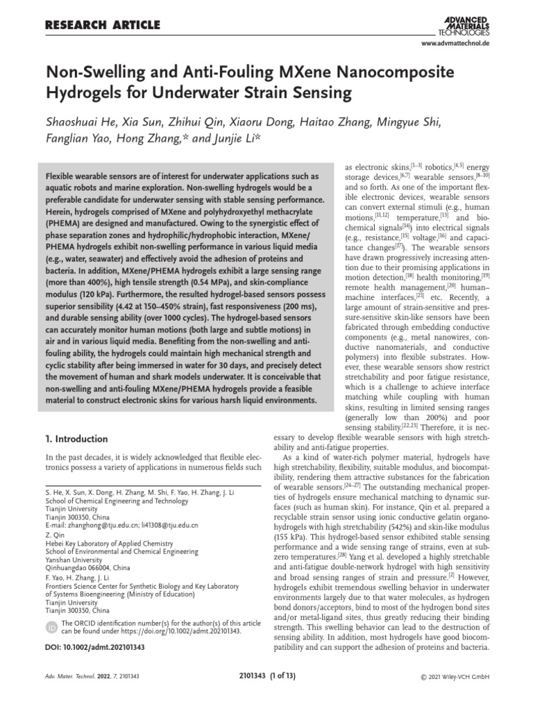 Adv Materials Technologies - 2022 - He - Non Swelling and Anti Fouling ...