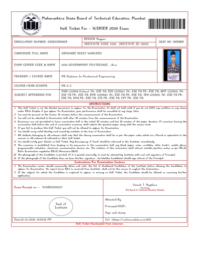 HALL TICKET FOR WINTER 2024 of 23310250604 | PDF | Technology & Engineering
