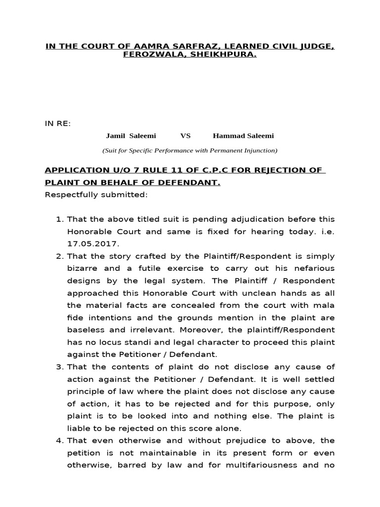 Application Under Order 7 Rule 11 | PDF | Lawsuit | Affidavit