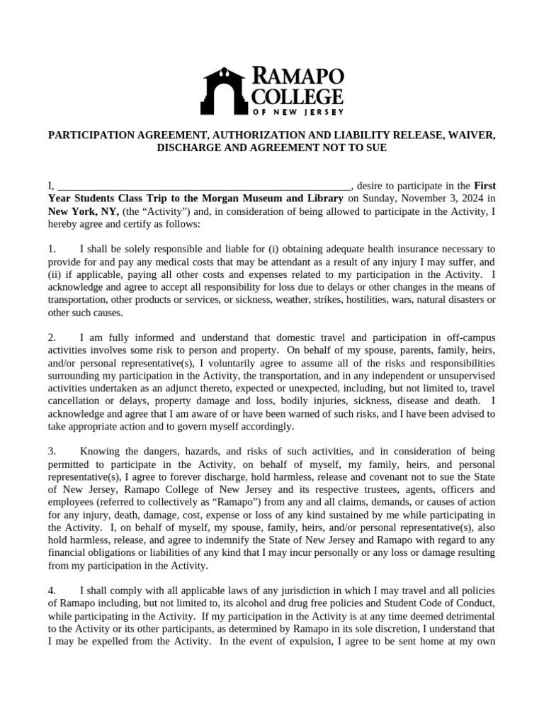 Travel Waiver Form - Event Participant Form by Bus To Morgan Library | PDF | Indemnity | Private Law