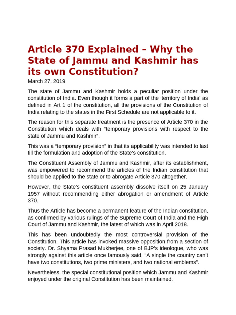Article 370 Explained | PDF | Political Charters | Legal Documents