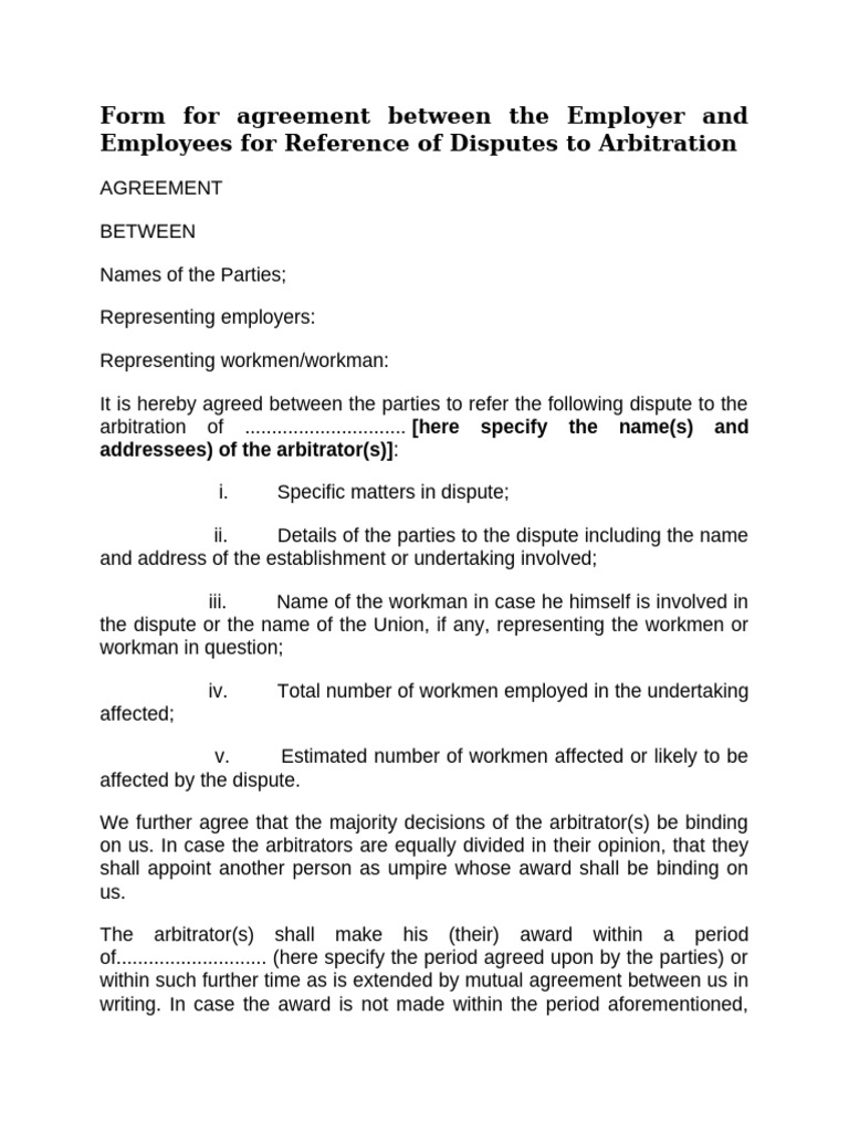 Form For Agreement Between The Employer and Employees For Reference of ...