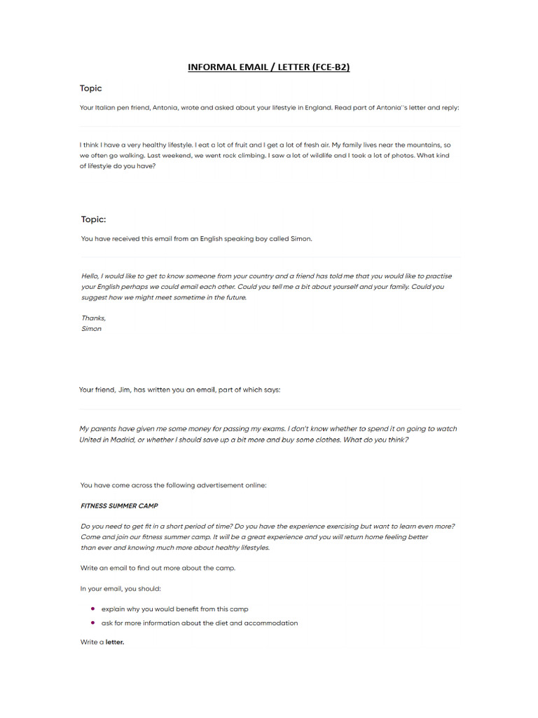 Informal Letter - Email - FCE - Tasks | PDF
