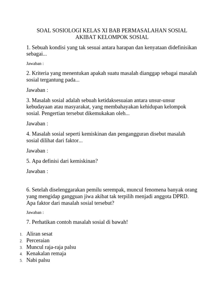 Soal Isian Sosiologi Kelas 11 Bab 2 | PDF | Ilmu Sosial | Pengembangan Diri