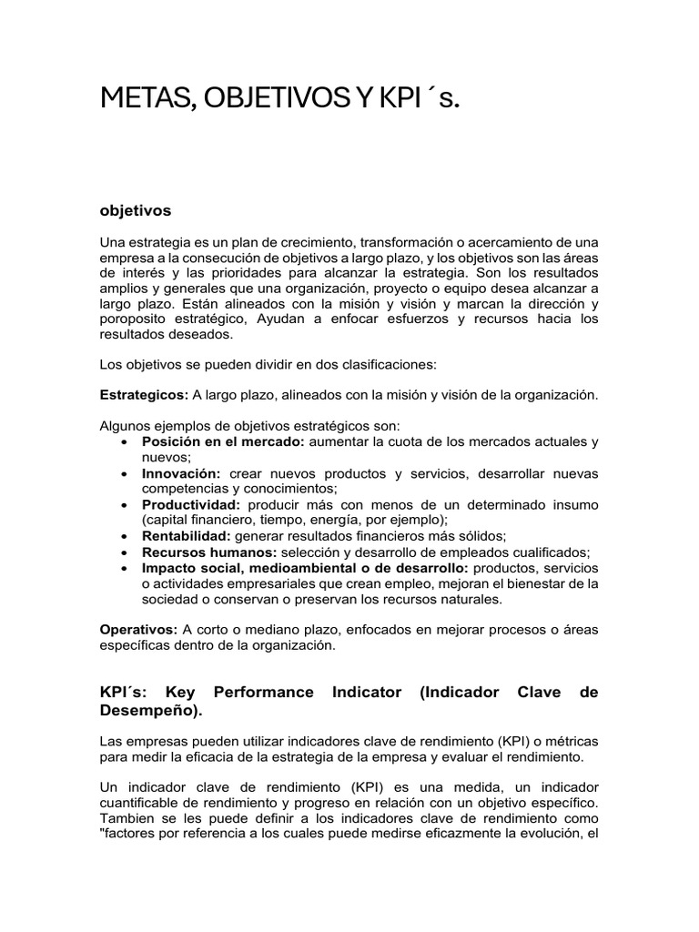 Metas y KPI: Definición y Ejemplos | PDF | Indicador de rendimiento ...