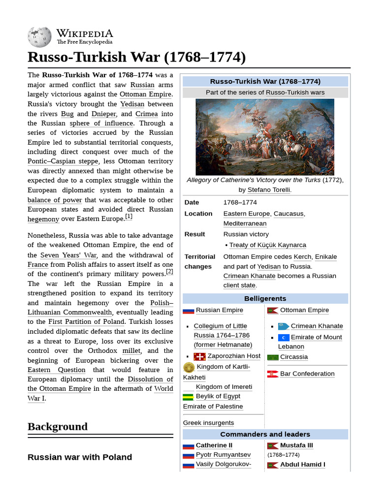 Russo-Turkish War (1768-1774) | PDF | Russian Empire | Ottoman Empire
