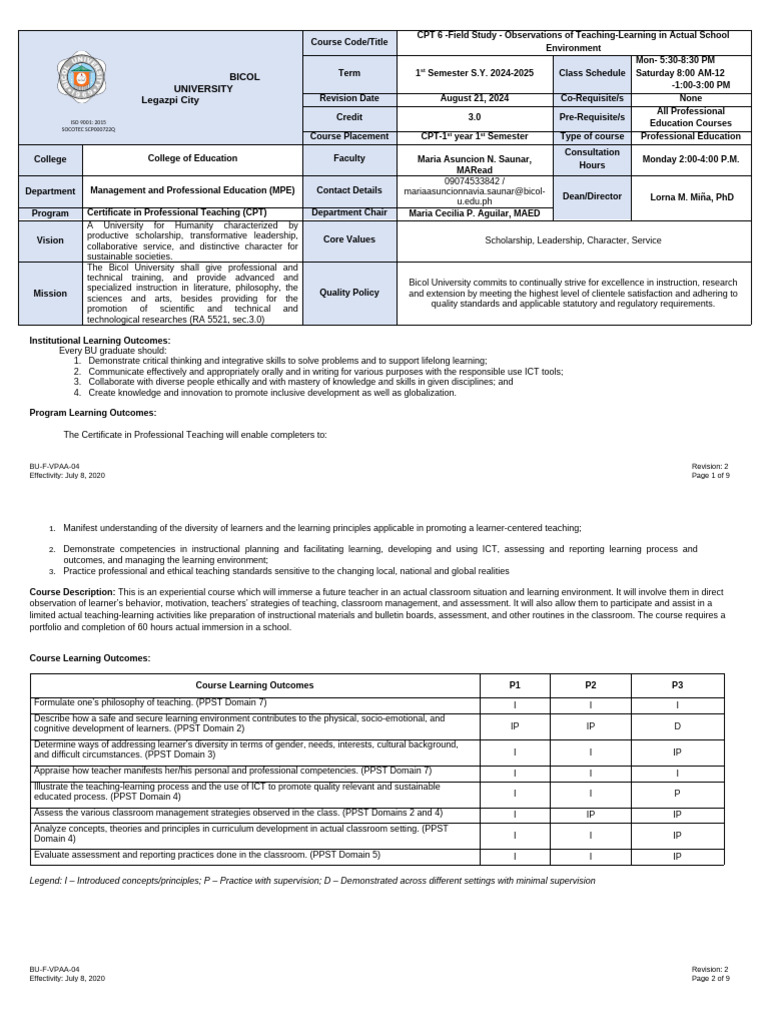 Field Study Syllabus CPT 6 2024 25 | PDF | Learning | Educational ...