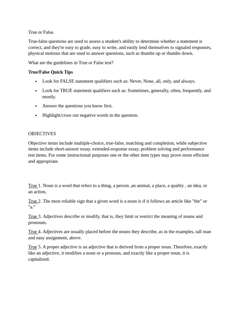 True or False | PDF | Adjective | Noun