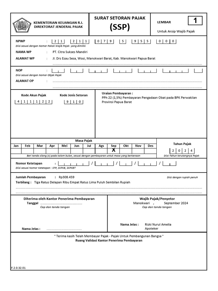 Surat Setoran Pajak (SSP) PPH Pasal 22 | PDF