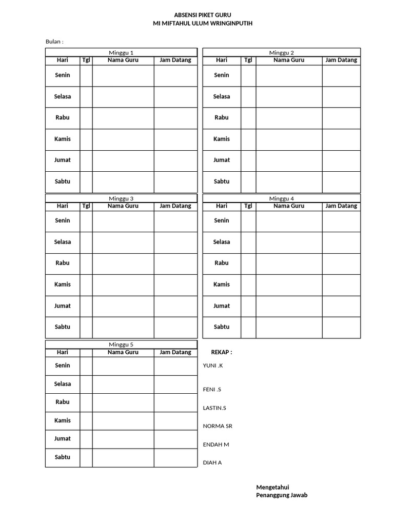 Format Absensi Piket Guru MI Miftahul Ulum | PDF