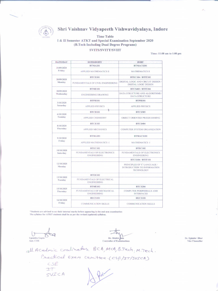 Exam Time Table (ATKT & Special Examination) 0001 | PDF