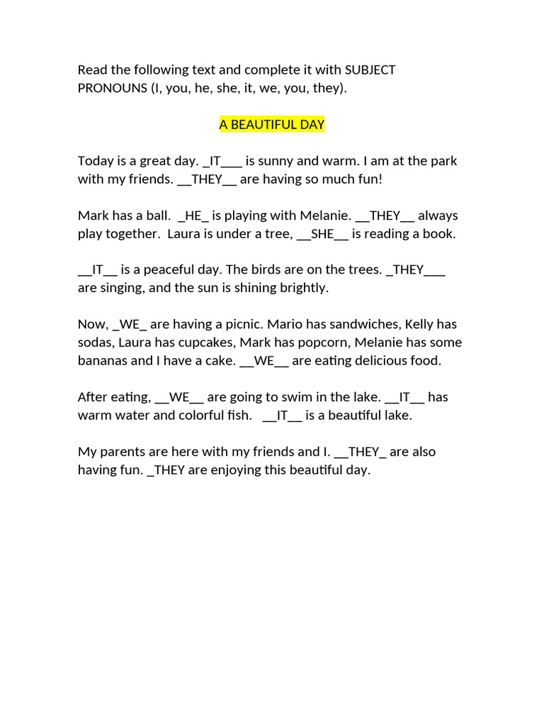 Subject Pronouns in a Fun Day | PDF