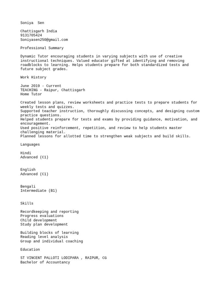 Soniya Sen Resume | PDF