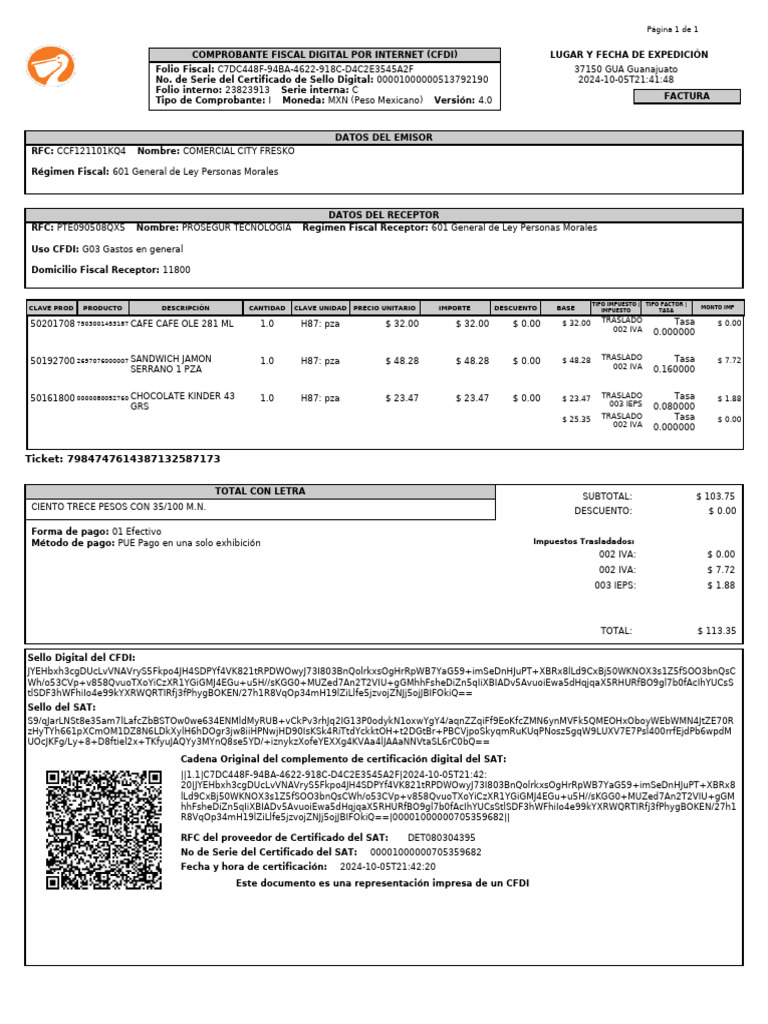 CFDI Factura Comercial City Fresko | PDF | Dinero | Comercio