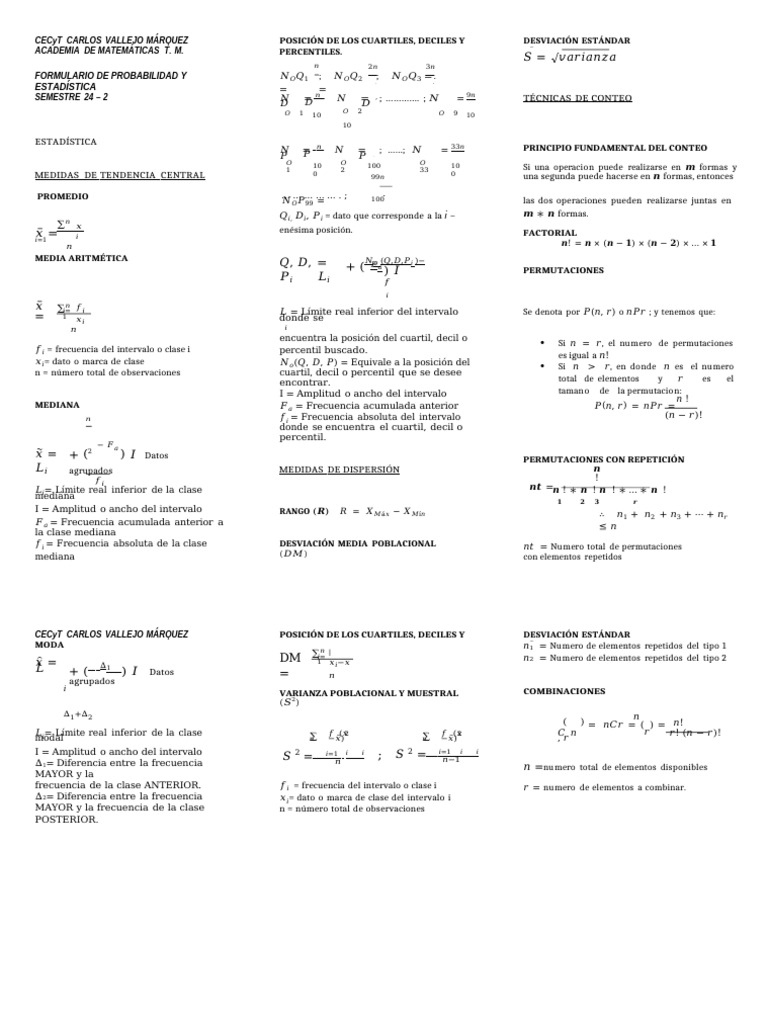 Formulario de Probabilidad y Estadística | PDF | Mediana | Cuantil