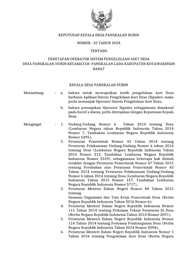 Penetapan Operator Sipades Desa Pangkalan Durin | PDF
