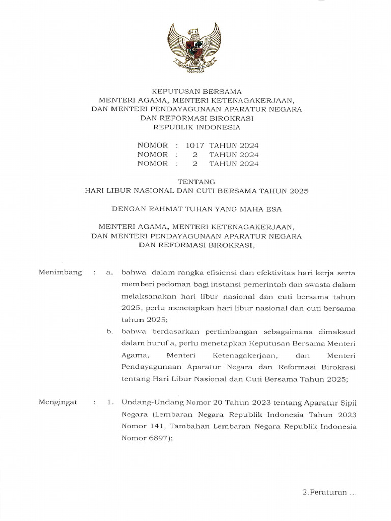 SKB 3 Menteri Libur Nasional Dan Cuti Bersama Tahun 2025 | PDF