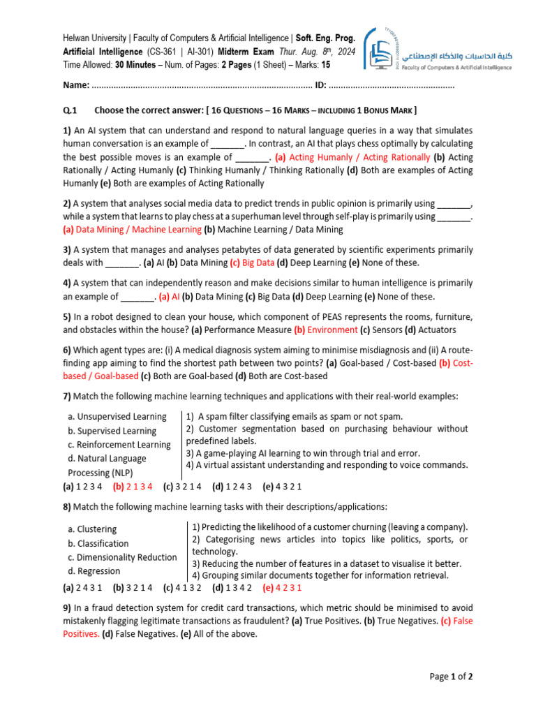 AI Midterm Exam Solutions - CS 361/AI 301 | PDF | Artificial ...