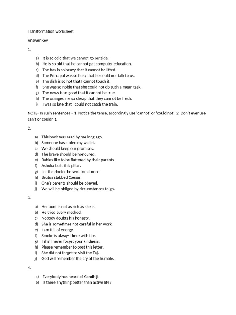 Transformation Worksheet Answer Key | PDF