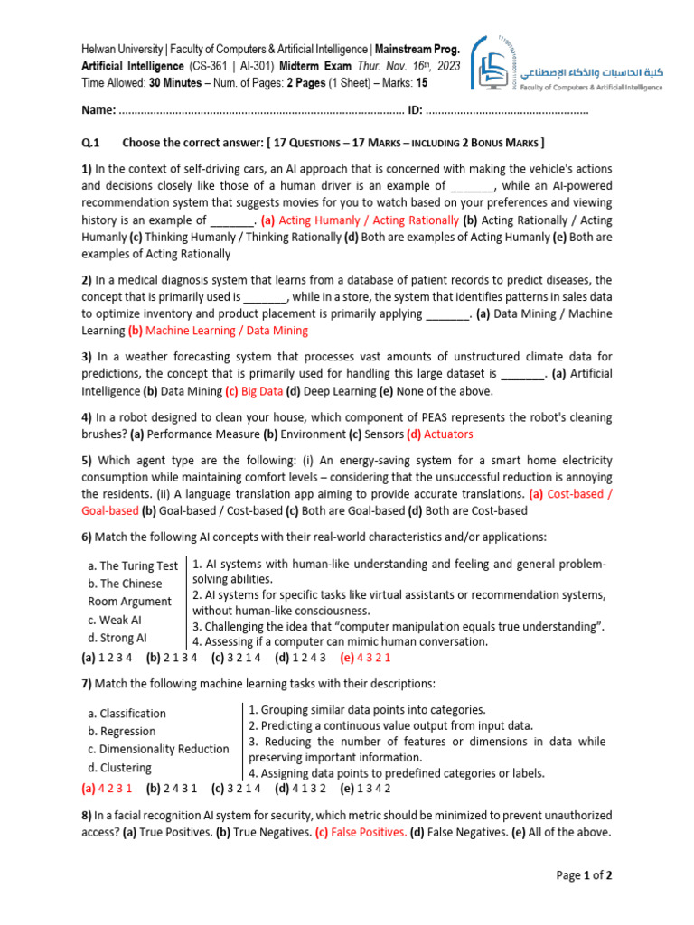 AI310 & CS361 AI (Mainstream) Midterm Exam (Fall 2023) ANSWER KEY | PDF | Artificial ...