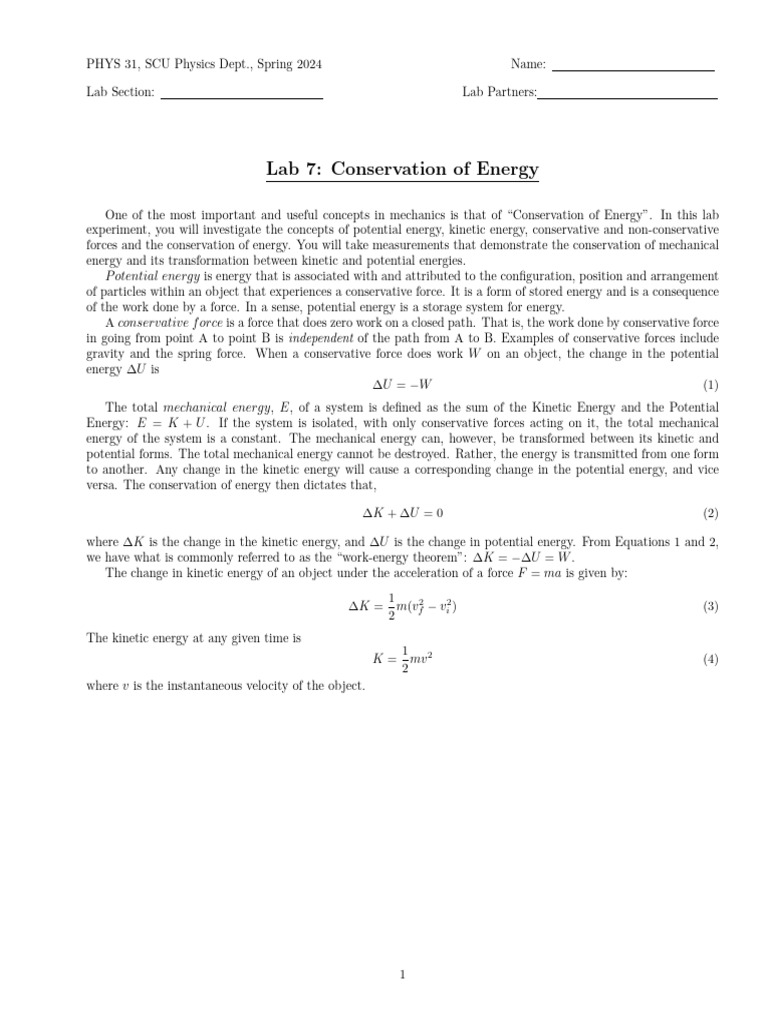Lab 7 - Conservation of Energy | PDF | Force | Potential Energy
