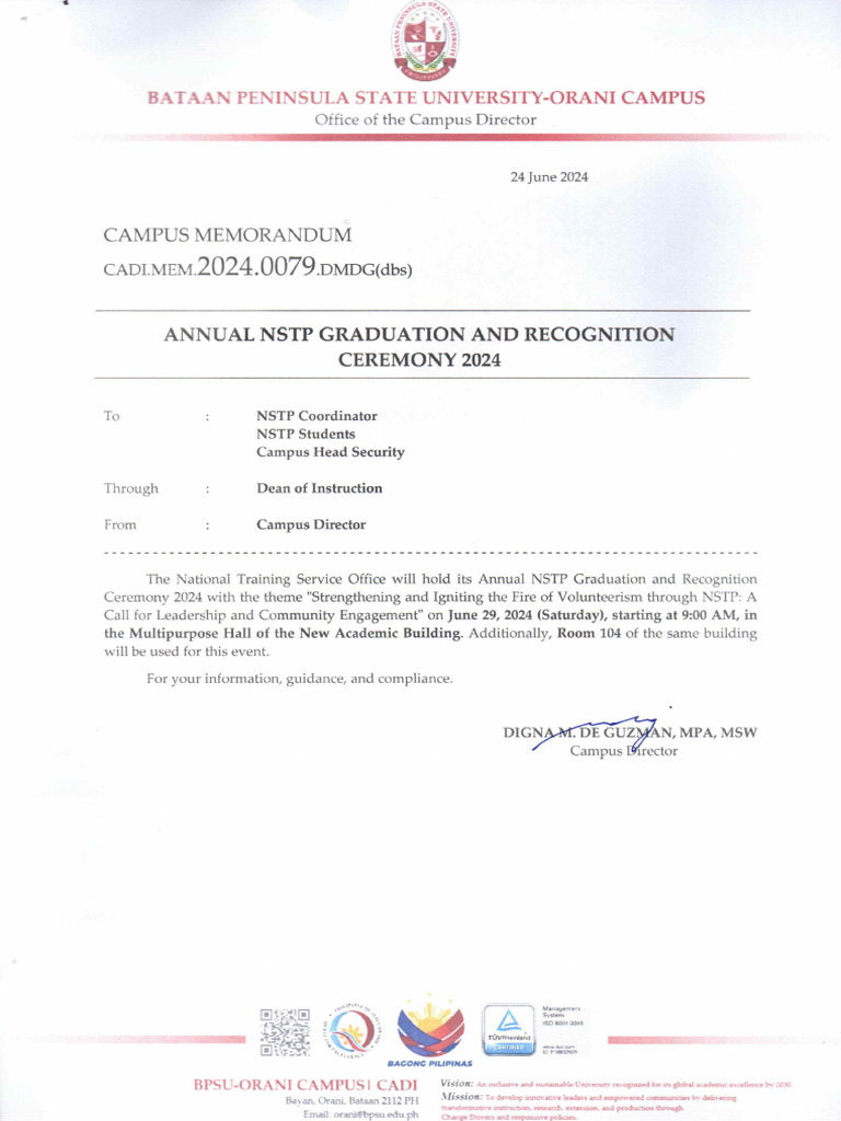 Campus Memorandum 0079-Annual NSTP Graduation and Recognition Ceremony 2024 | PDF
