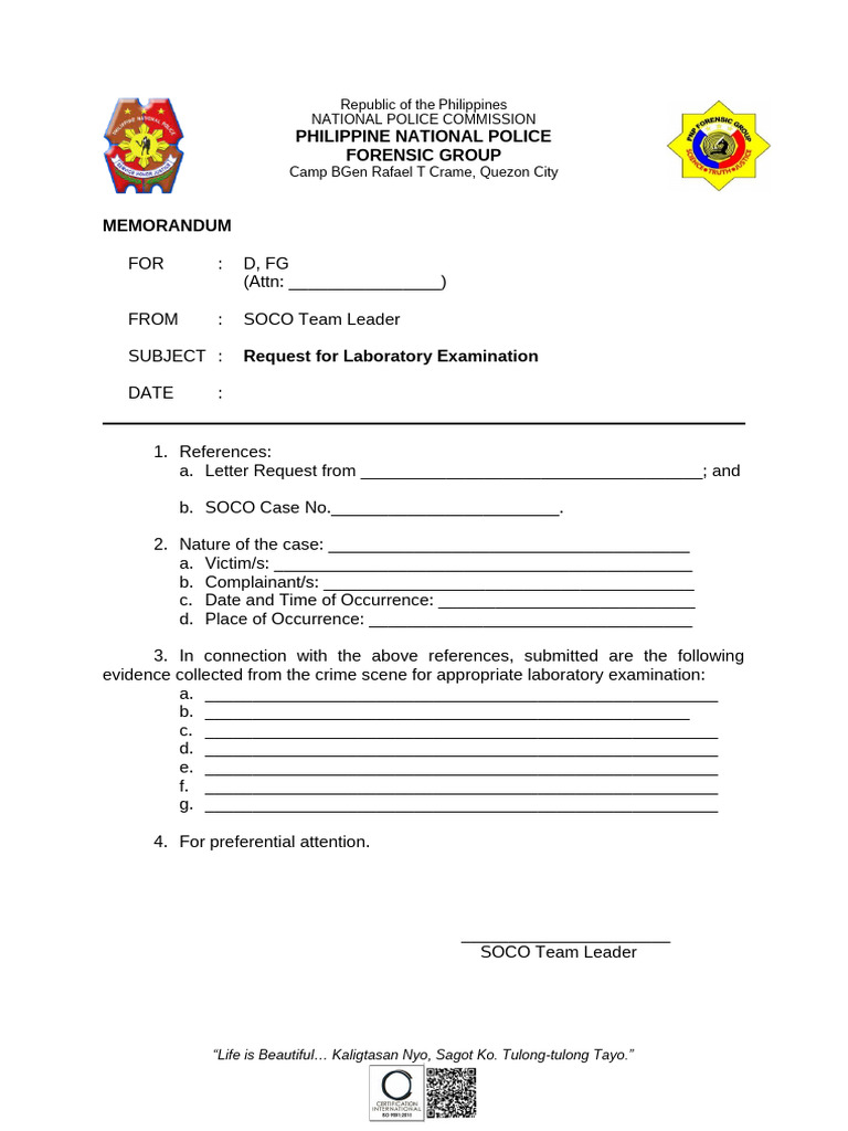 SOCO Request and Report Memo | PDF | Crime Scene | Law Enforcement