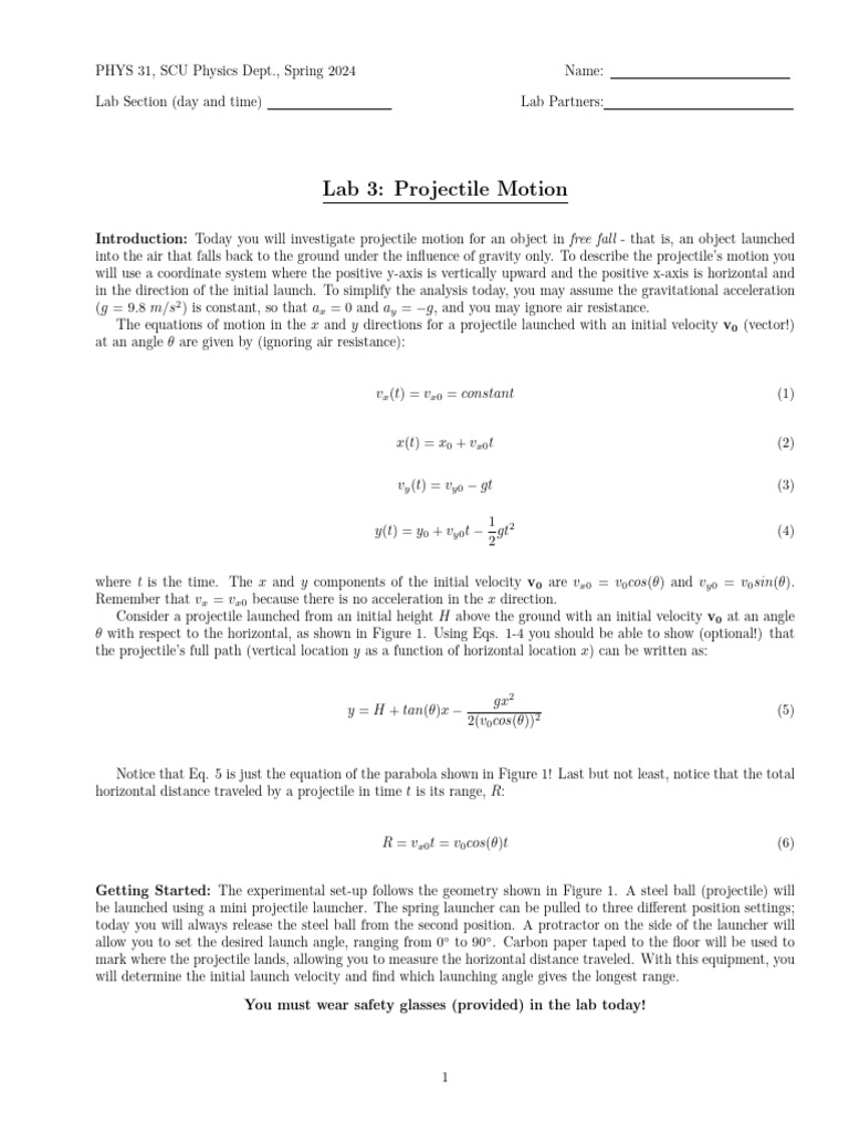 Lab 3 - Projectile Motion | PDF | Angle | Mechanics