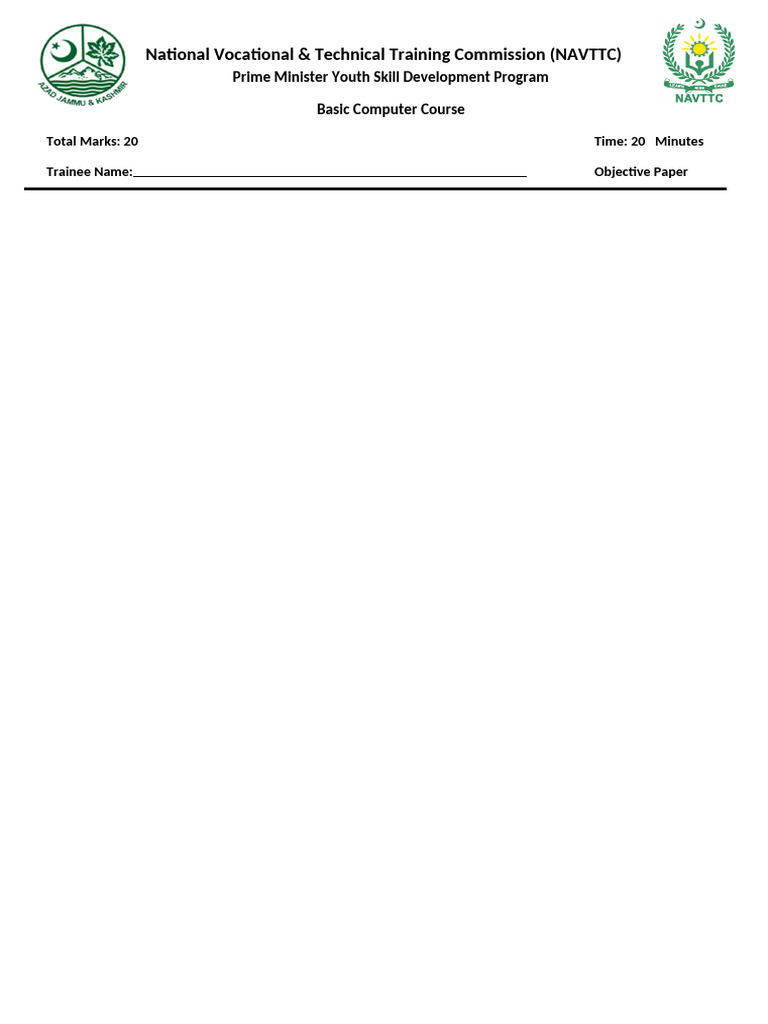 NAVTTC Computer Operator 03 Months Paper 3 | PDF | Microsoft Excel ...