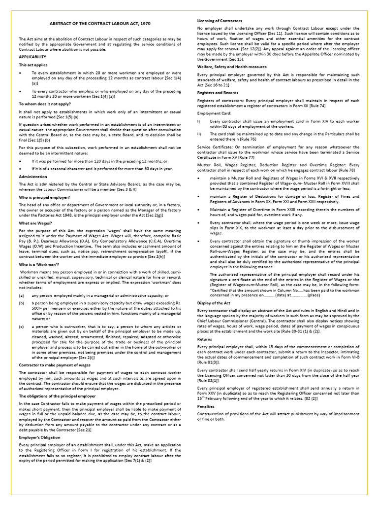 Abstract Under The Contract Labour (Regulation and Abolition) Act, 1970 ...