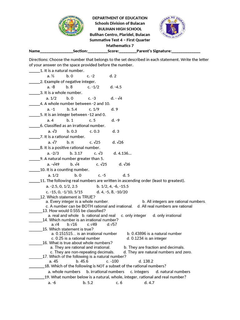 Summative Test 4 - Math 7 | PDF | Numbers | Rational Number