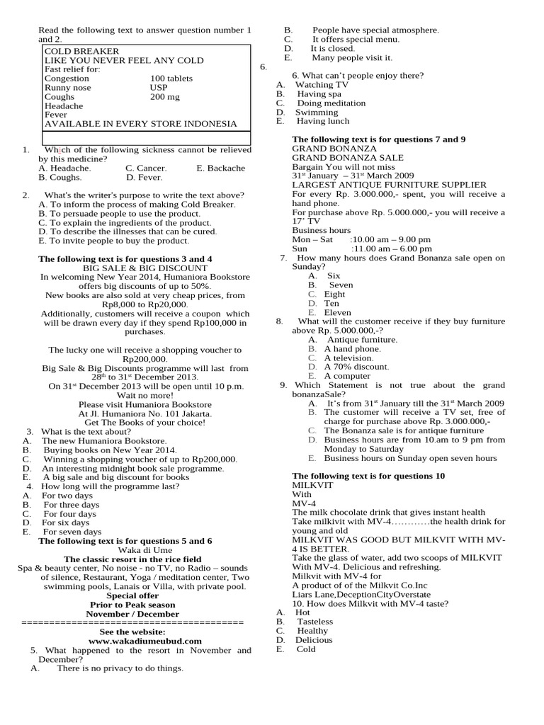 Read The Following Text To Answer Question Number 1 and 2 | PDF