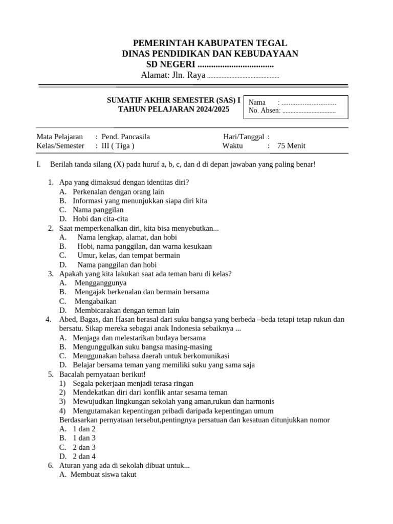 Soal - Pend - Pancasila - Kelas 3 - SAS 1 2024-2025 | PDF | Seni & Disiplin Bahasa