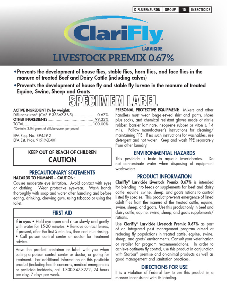 ClariFly Larvicide Premix 67 Specimen Label 50 LB | PDF | Cattle ...