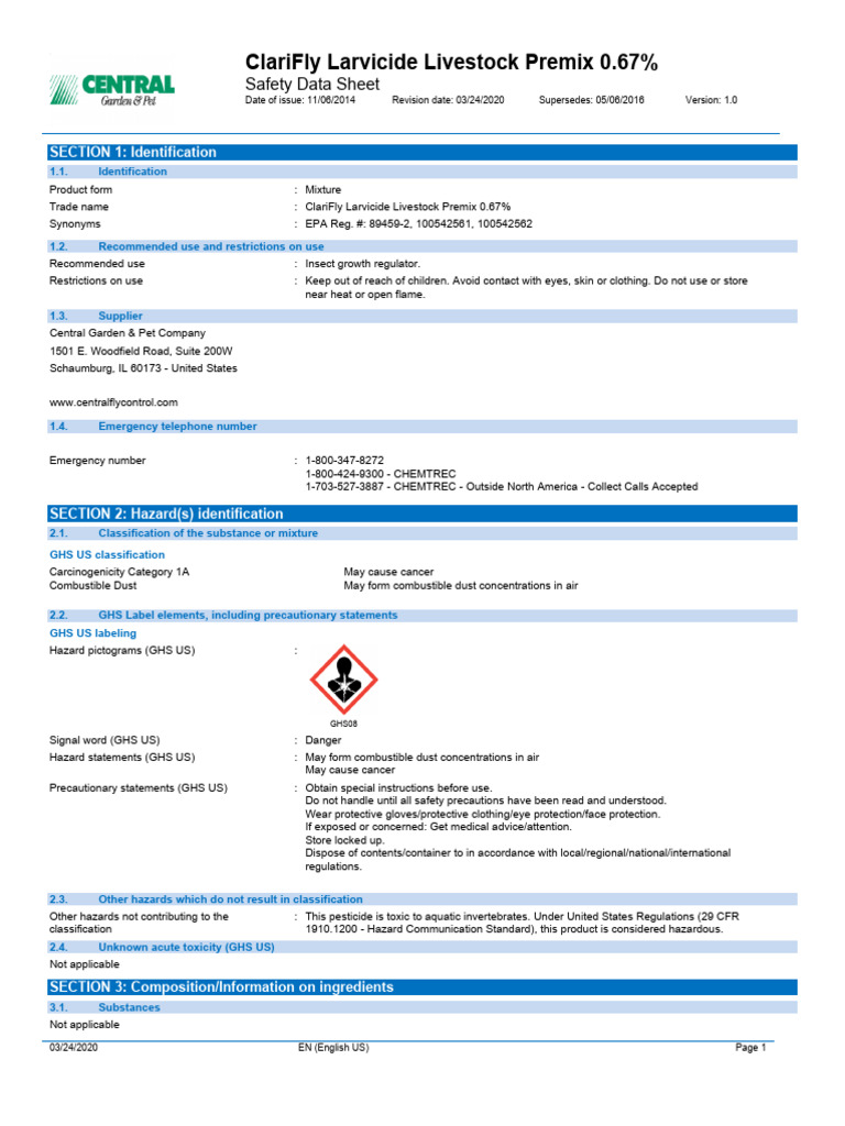 ClariFly Larvicide Premix 67 SDS | PDF | Firefighting | Toxicity