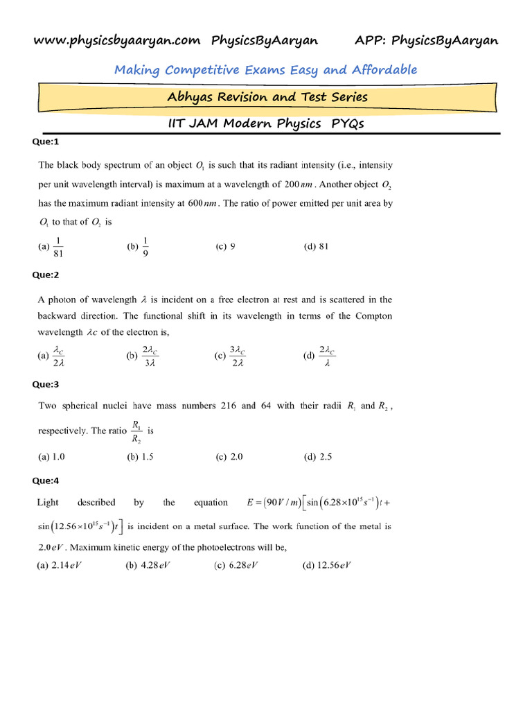 IIT JAM Modern Physics PYQ | PDF