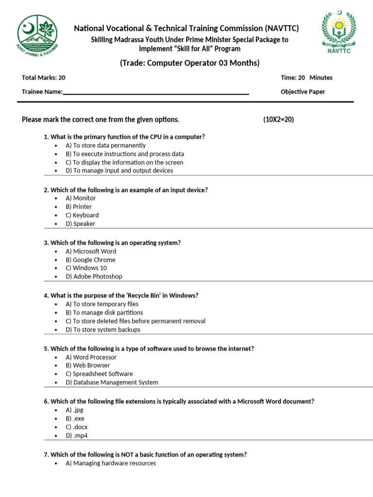 NAVTTC Computer Operator 03 Months Paper 3 | PDF | Computer File ...