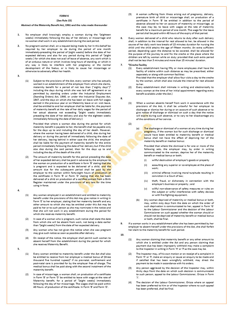 FORM K Abstract Under Maternity Benefit Act, 1961 (English Version ...