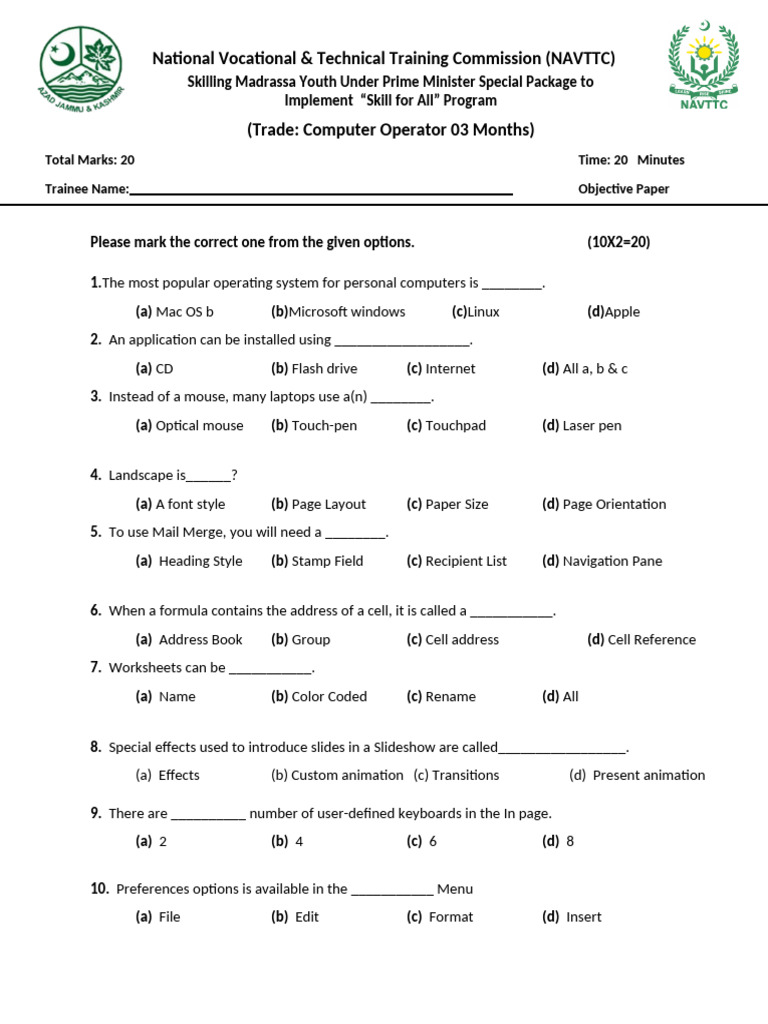 NAVTTC Computer Operator 03 Months Paper | PDF | Operating System ...