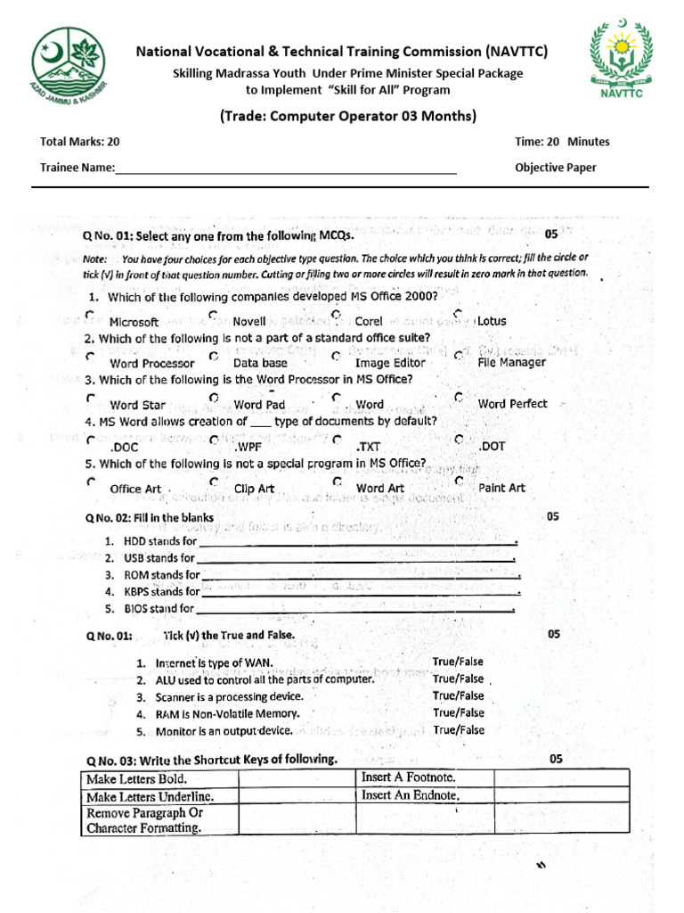 NAVTTC Computer Operator 03 Months Paper 2 | PDF