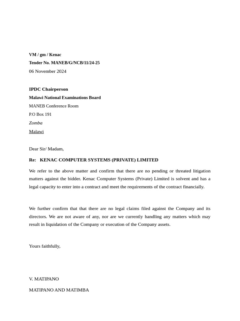 Letter For Malawi National Examinations Board | PDF