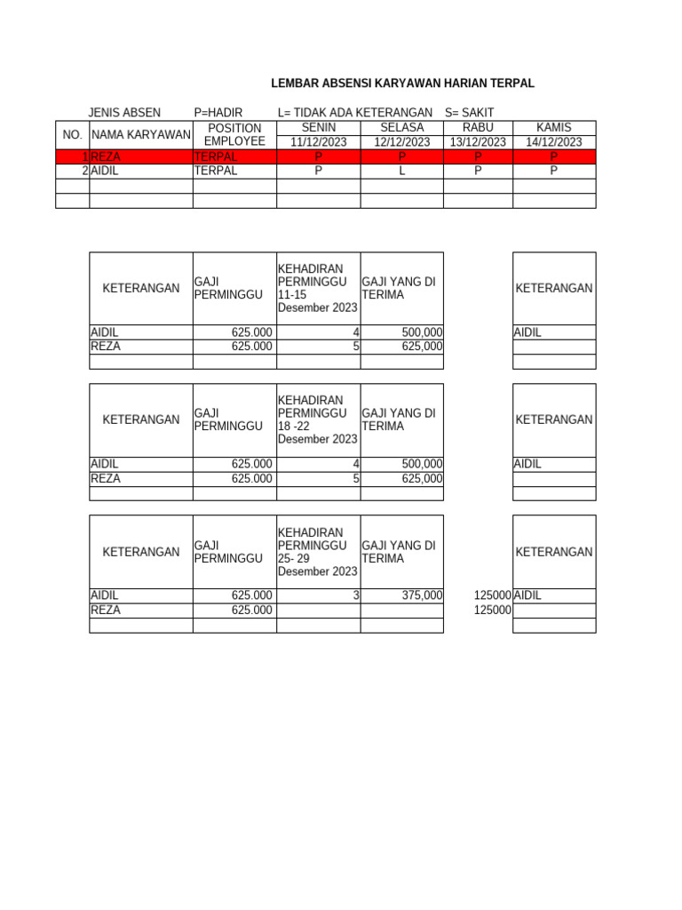 Absensi-Karyawan-Mingguan TERPAL NEXT | PDF